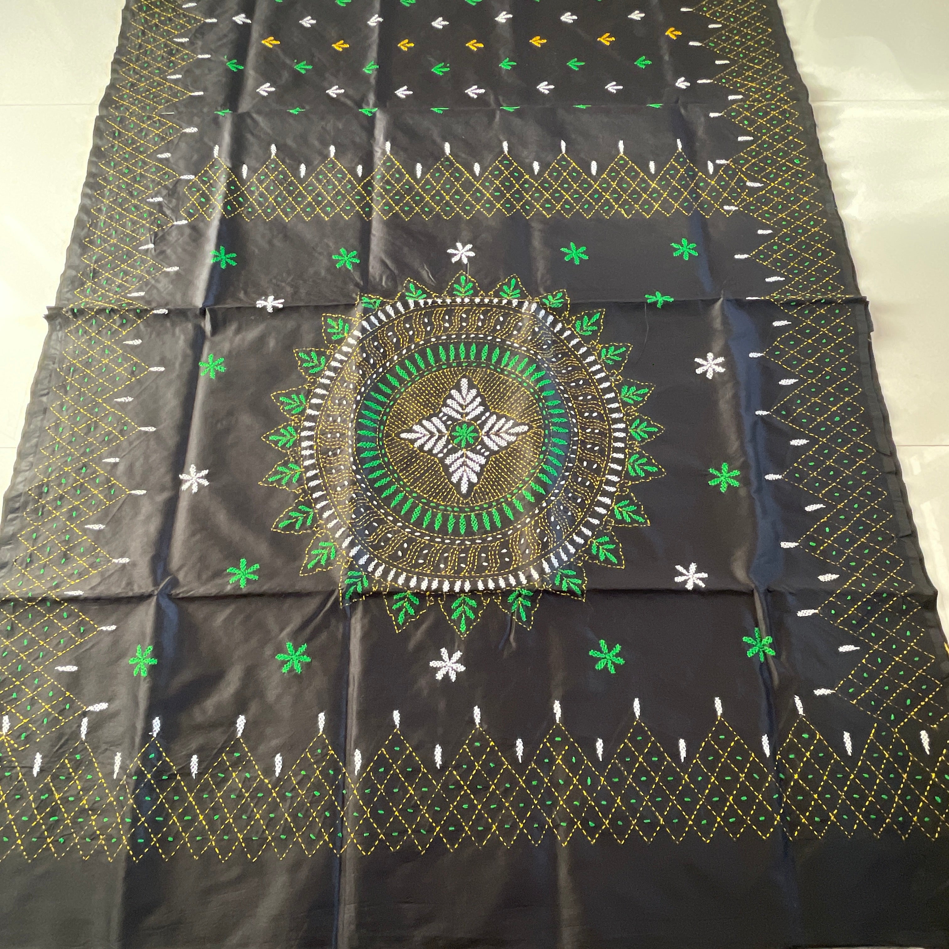 Assam Silk (cotton silk) Kantha Hand Embroidered Work Saree - Black ...