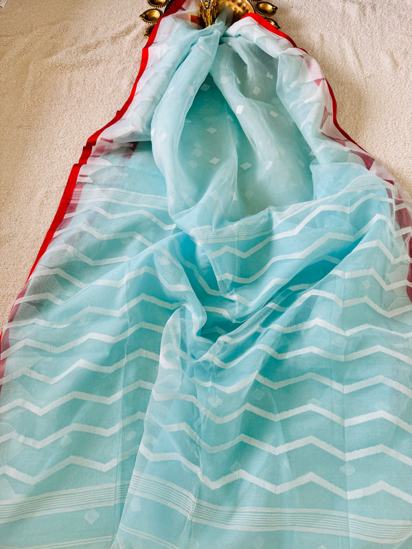 Muslin Jamdani Beki Woven Saree - Sky Blue, Blue, White – Phulari