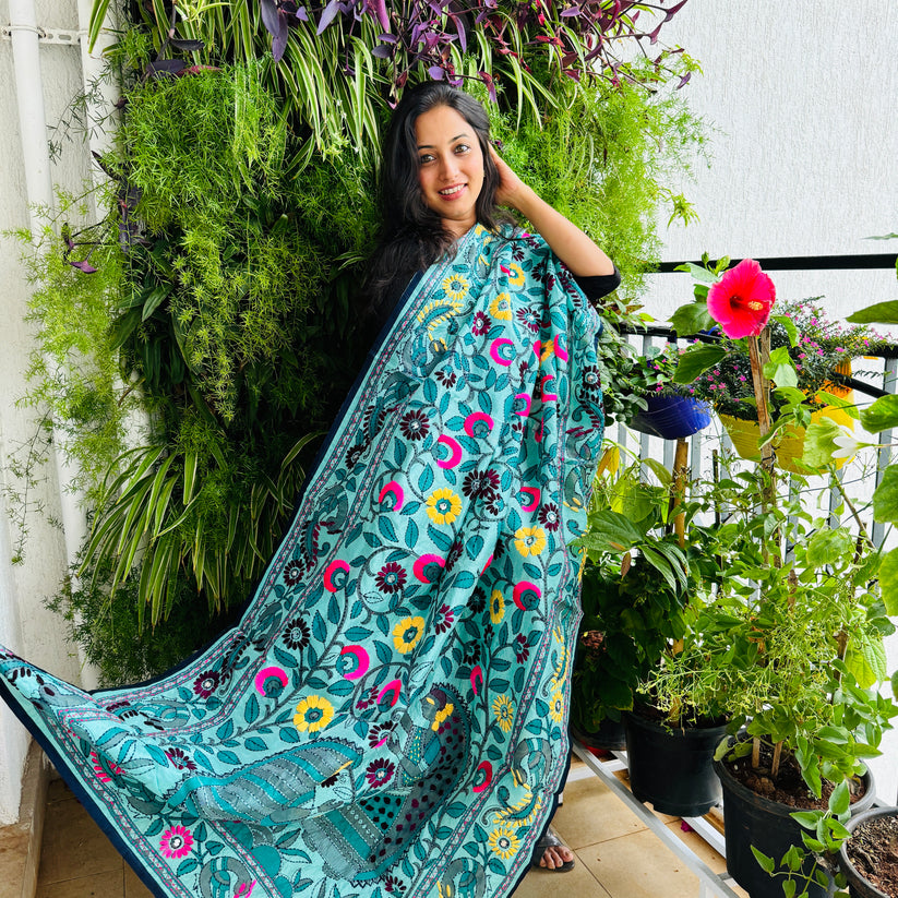 Phulkari Hand-Embroidered & Hand Painted Dupatta- Blue – Phulari