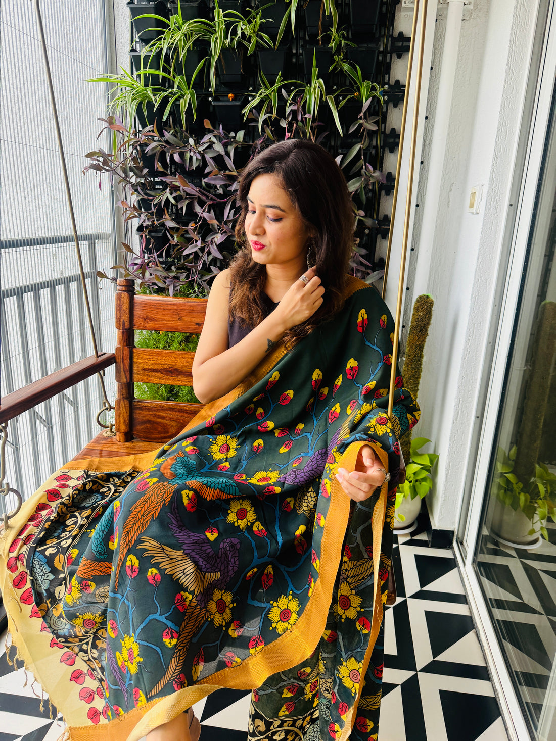 Pen Kalamkari Hand Painted Chinoor Silk Dupatta - Dark Blue with yello ...