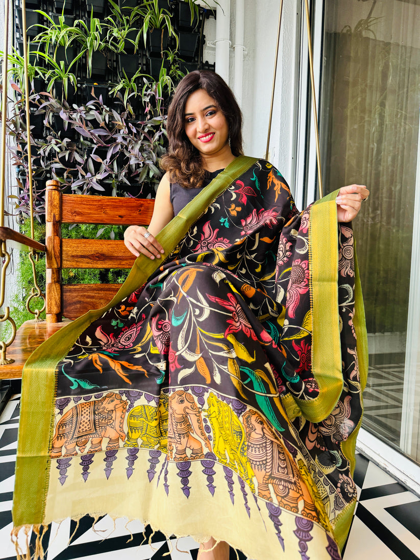 Pen Kalamkari Hand Painted Chinoor Silk Dupatta - Black with Green bor ...