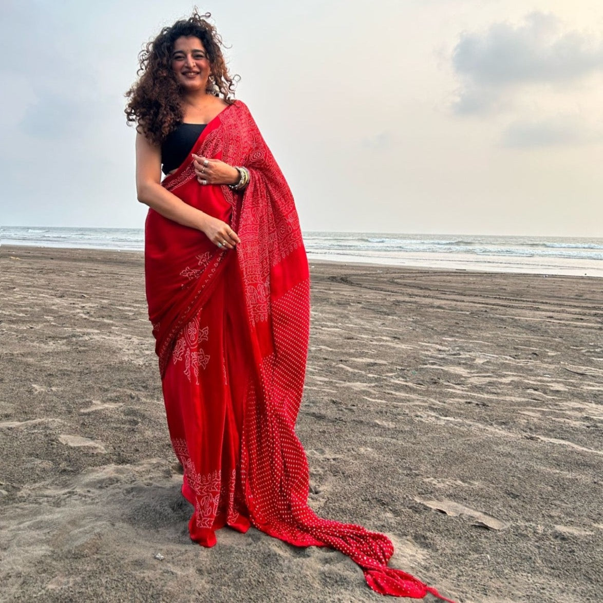 Modal Silk Mashroo Mix Ajrakh Saree - Maroon, Red, Bottle Green,Rani P ...